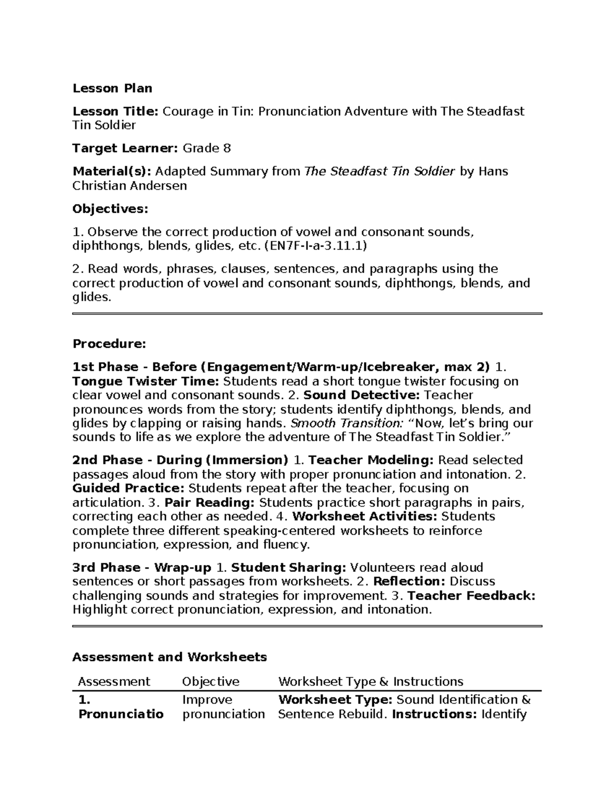 Grade 8 Lesson Plan: Pronunciation Adventure with The Steadfast Tin ...