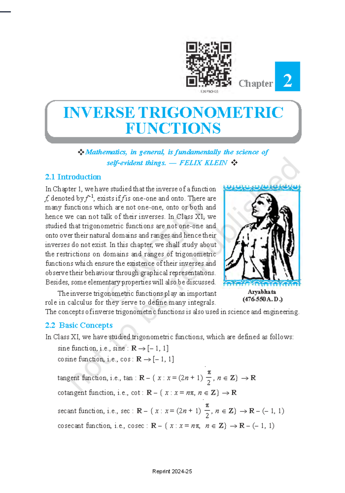 18 MATHEMATICS Chapter 2: Inverse Trigonometric Functions Overview ...
