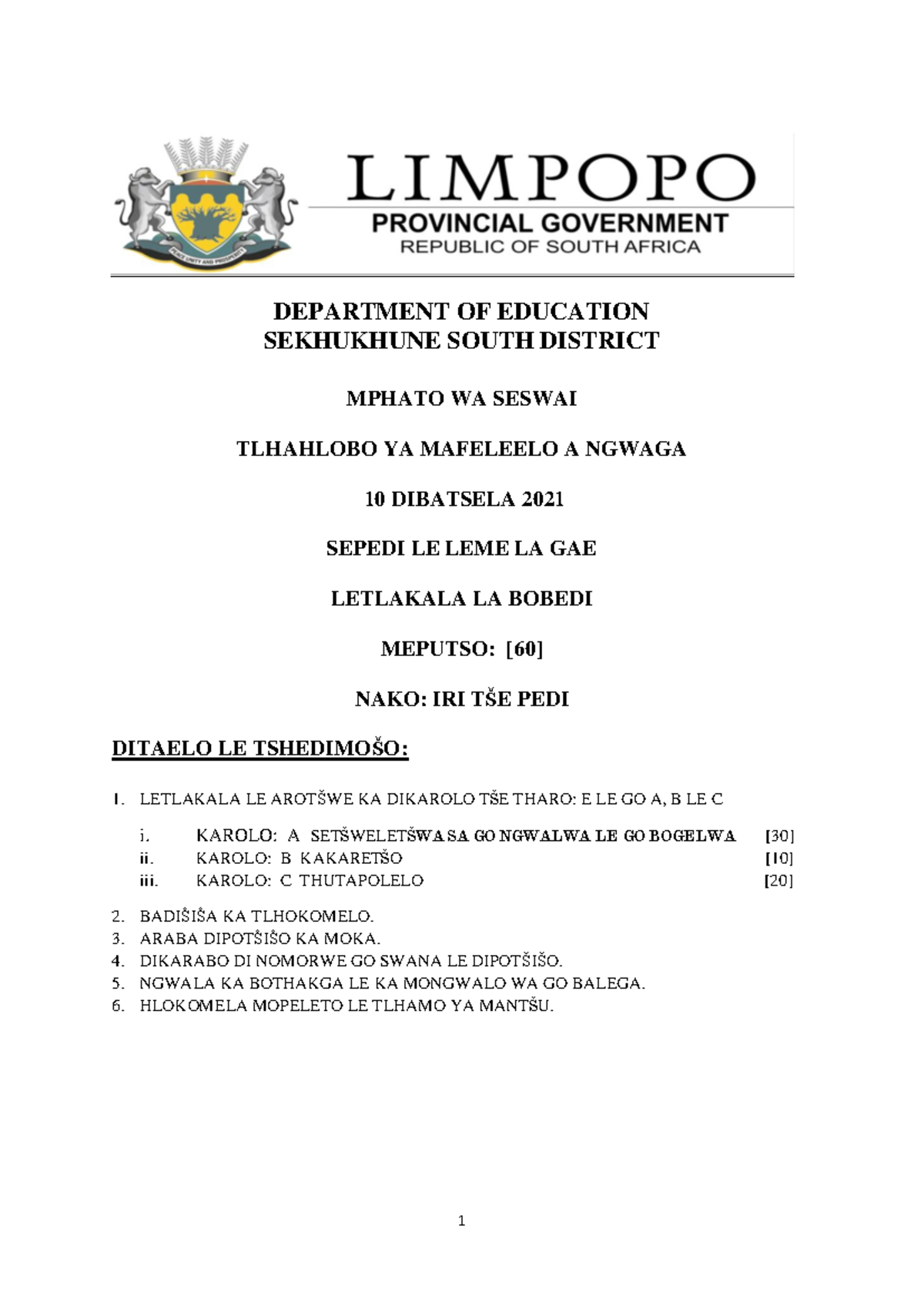 Grade 8 Final Exam T4 P2: Sepedi Language Paper - 2021 - Studocu