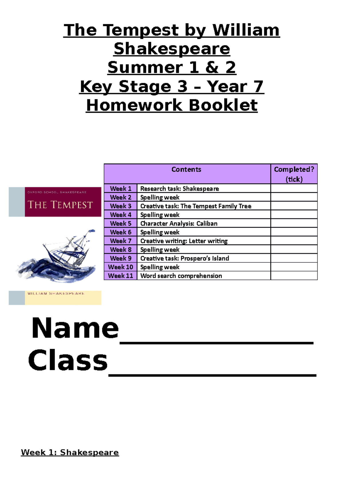 The-Tempest-Homework-Booklet - The Tempest by William Shakespeare ...