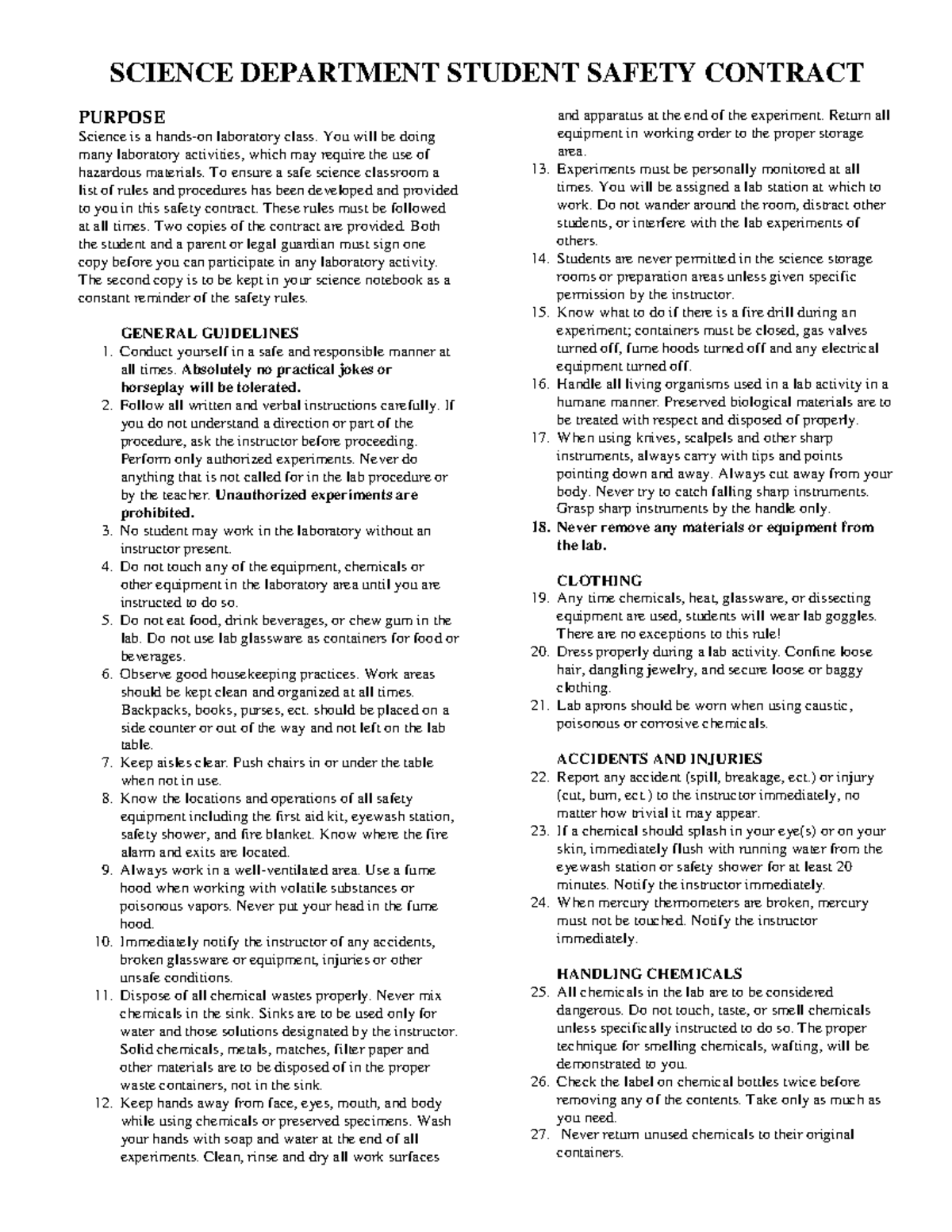 SCI 101: Student Safety Contract for Laboratory Activities - Studocu