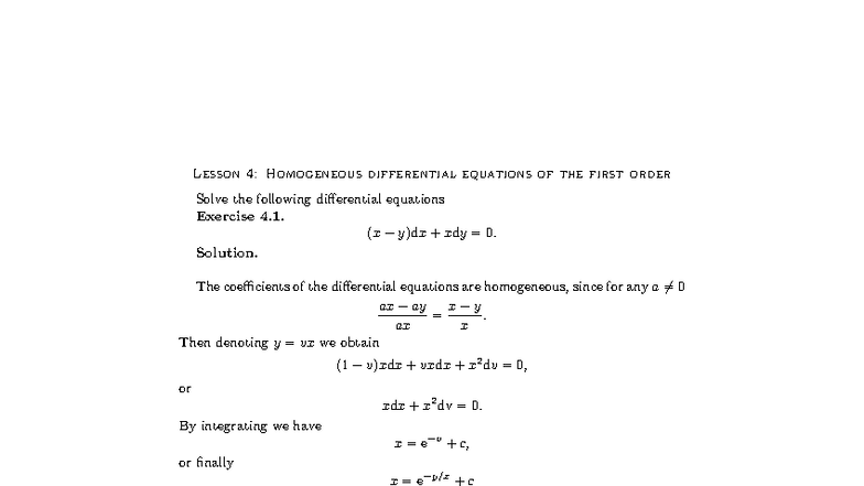 Lesson 4: Homogeneous Differential Equations (DE) Worksheet - Studocu