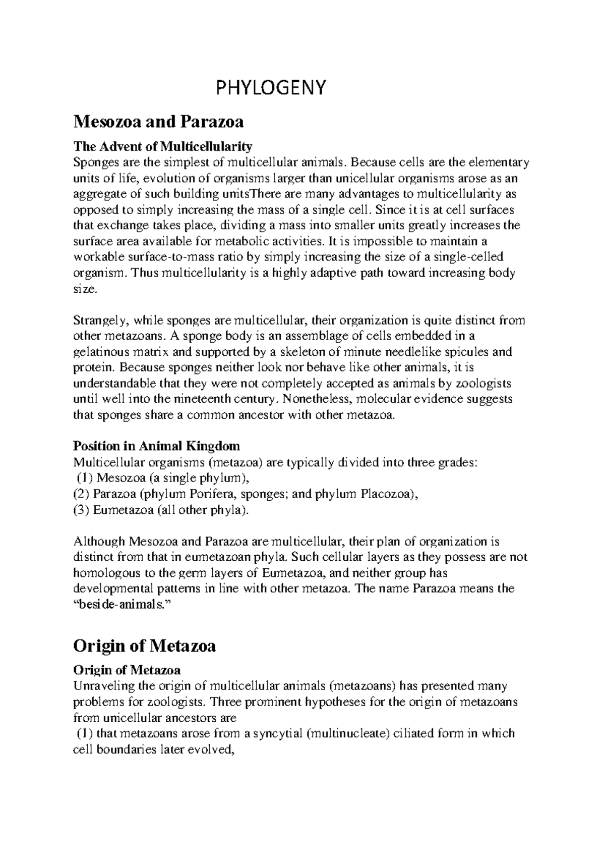 Phylogeny of Porifera, Placozoa, and Mesozoa - Key Concepts - Studocu