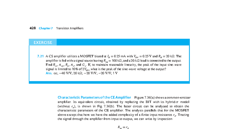 428 Chapter 7 Transistor Amplifiers Exercises and Solutions - Studocu
