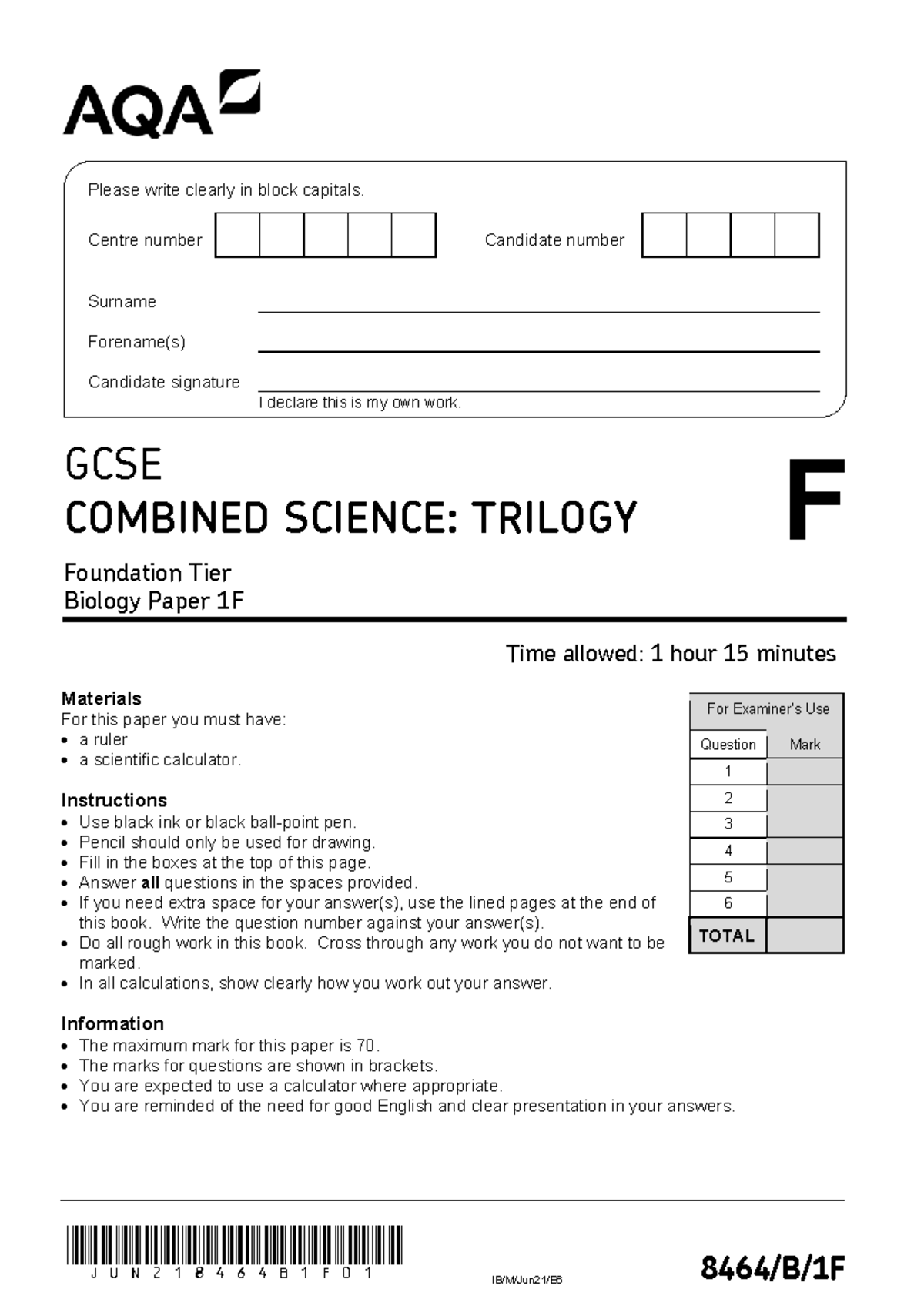GCSE Combined Science: Trilogy - Biology Paper 1F Exam Guide - Studocu