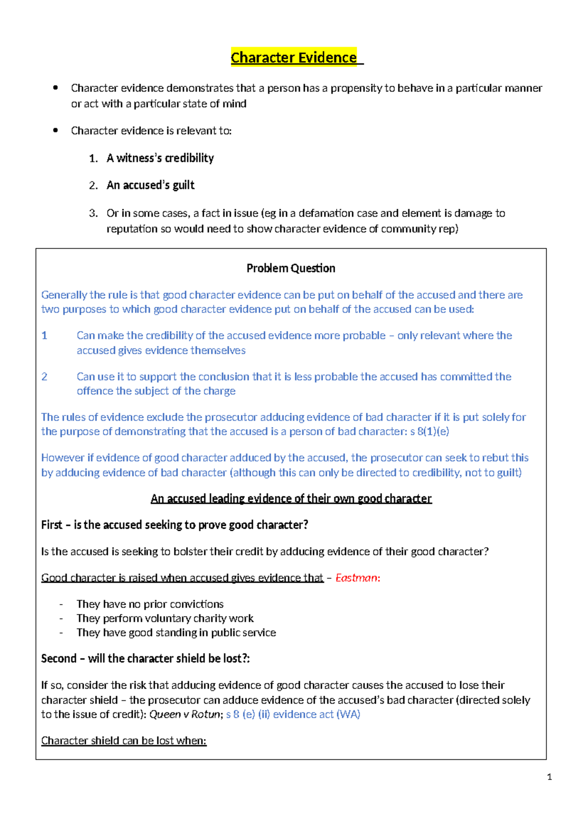 Character Evidence - Exam Notes (LAW 101) - Studocu