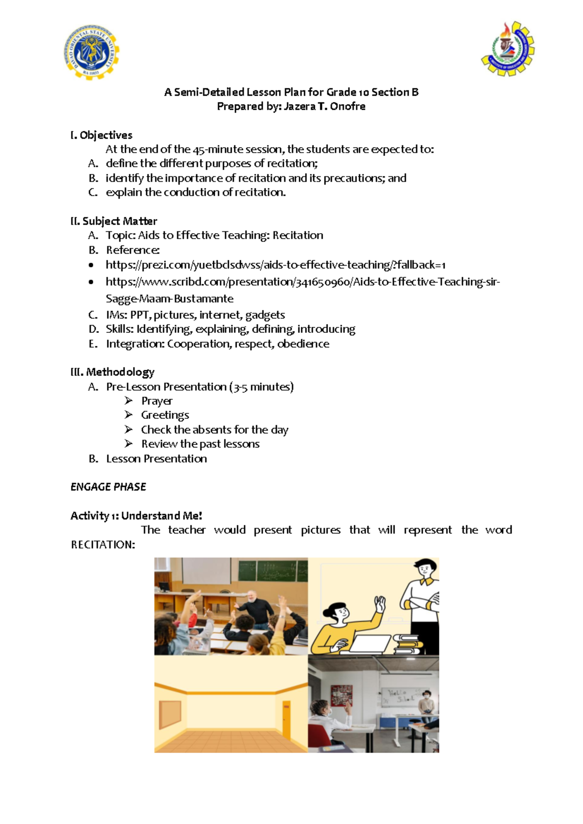 Grade 10 Recitation Lesson Plan for Section B (014251) - Studocu
