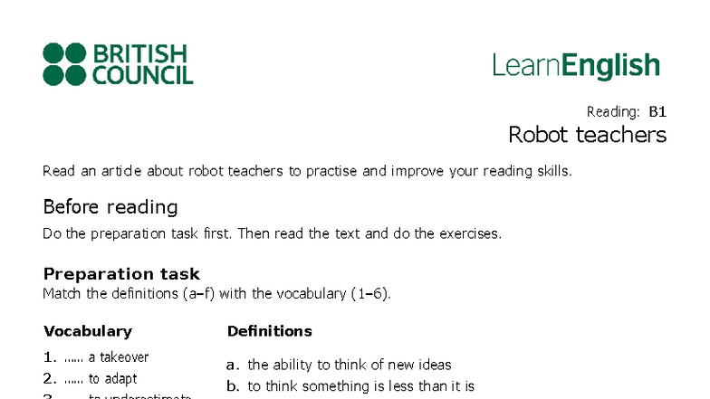 Reading: B1 Robot Teachers - Article & Exercises for Skill Improvement ...