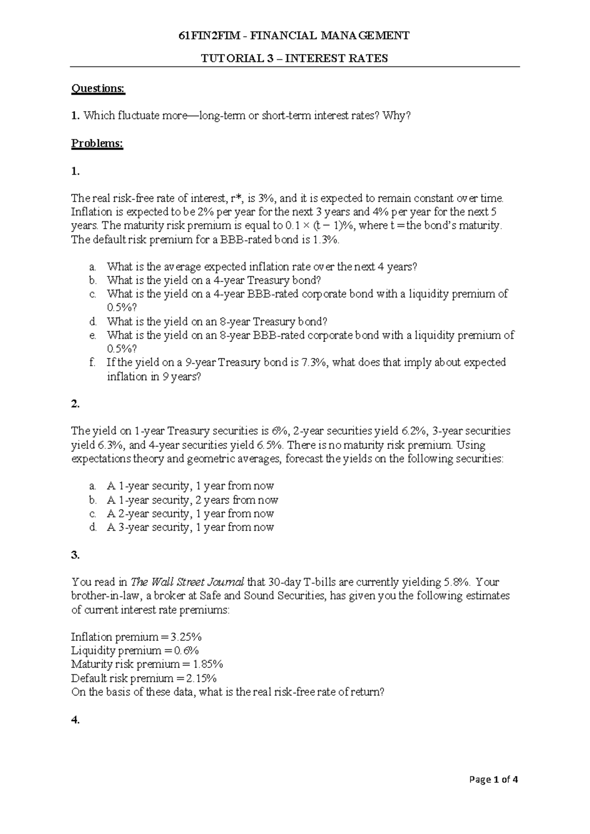 61FIN2FIM Financial Management Tutorial 3: Interest Rates Analysis ...