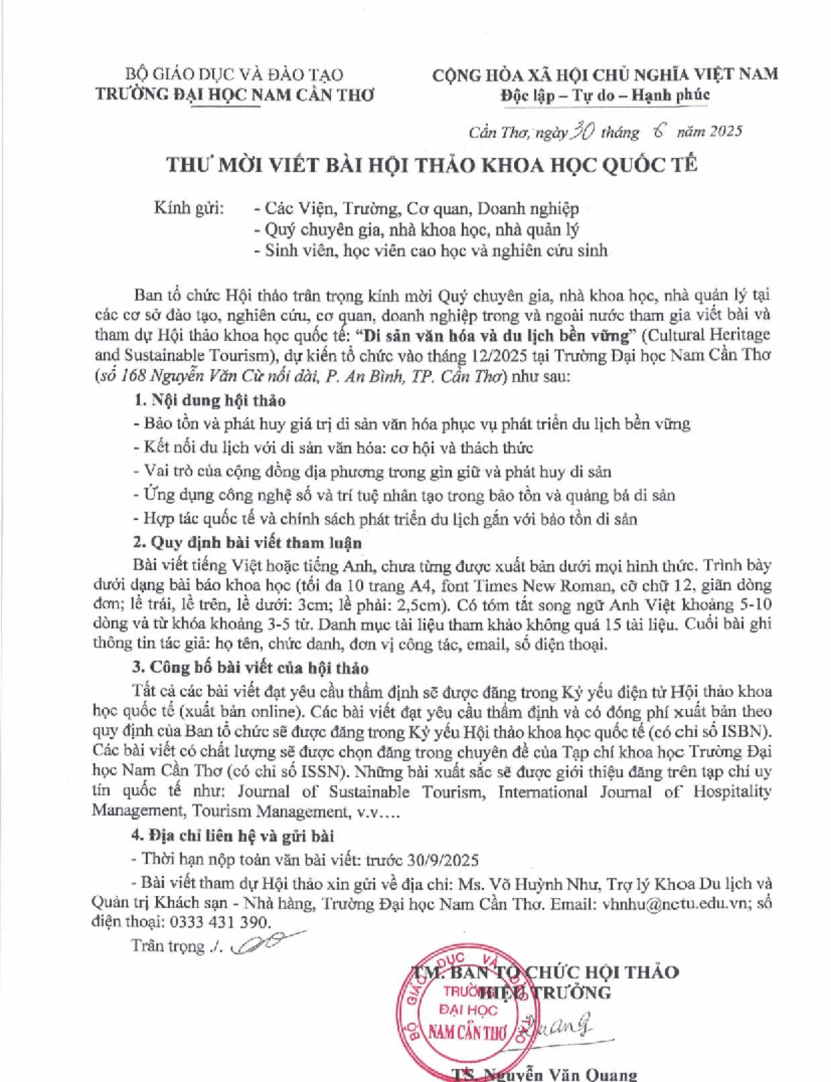 THƯ MỜI VIẾT BÀI HỘI THẢO KHQT VỀ DI SẢN VĂN HÓA VÀ DU LỊCH - Studocu