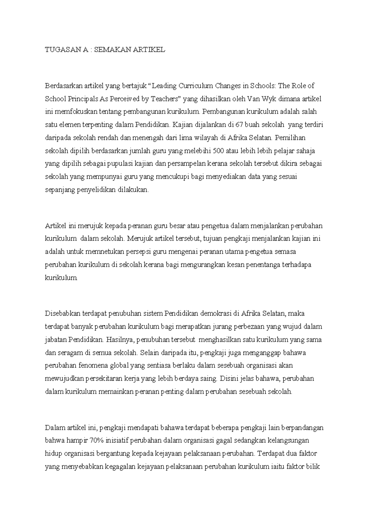 TUGASAN A: SEMAKAN ARTIKEL PERANAN PENGETUA DALAM PERUBAHAN KURIKULUM ...