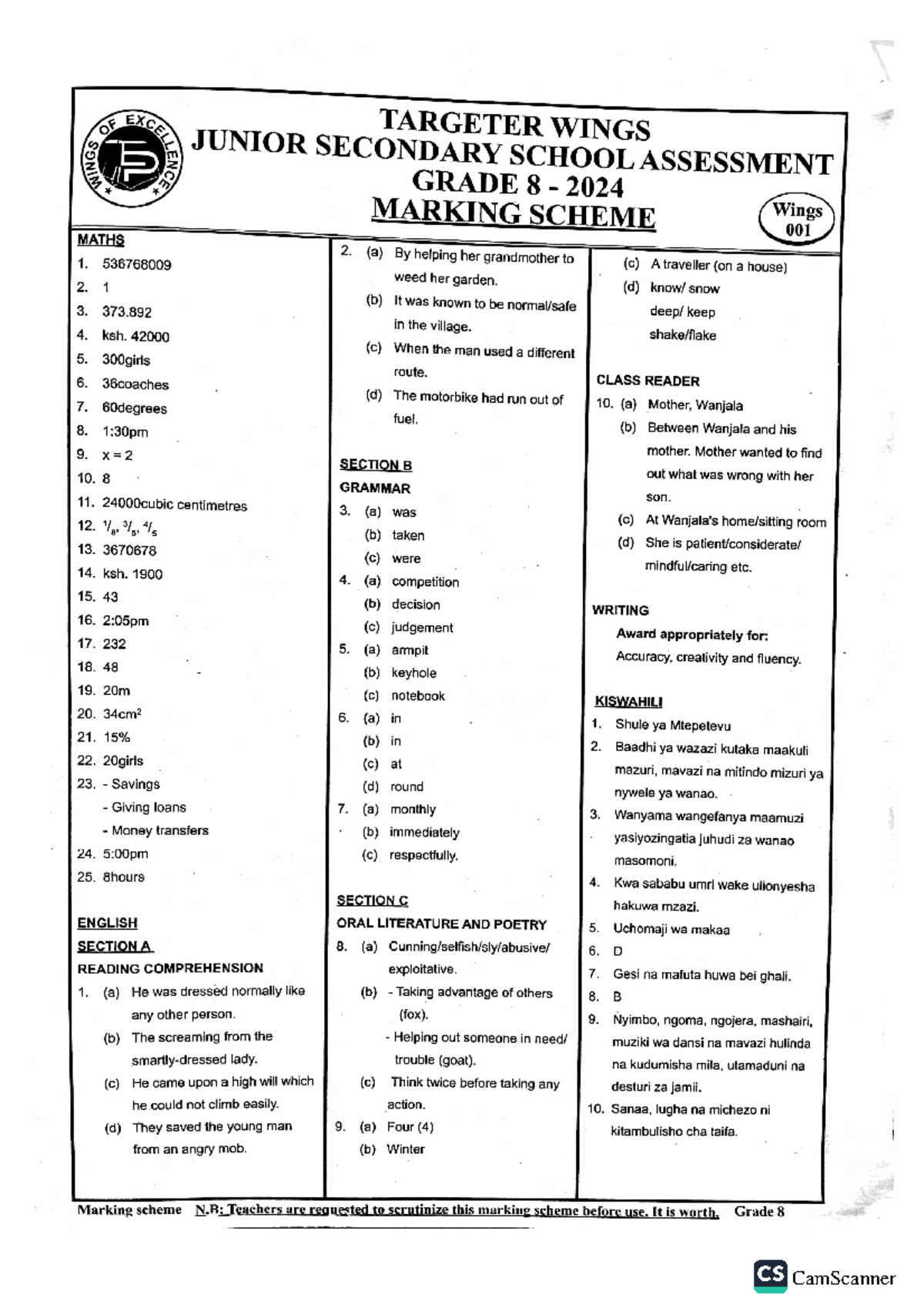 Targeter WING 001 Grade 8 Marking Schemes-1 - Computer science - Studocu