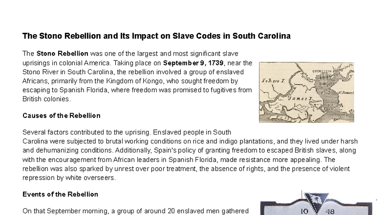 Stono Rebellion & Its Impact on Slave Codes in SC: A Study - Studocu