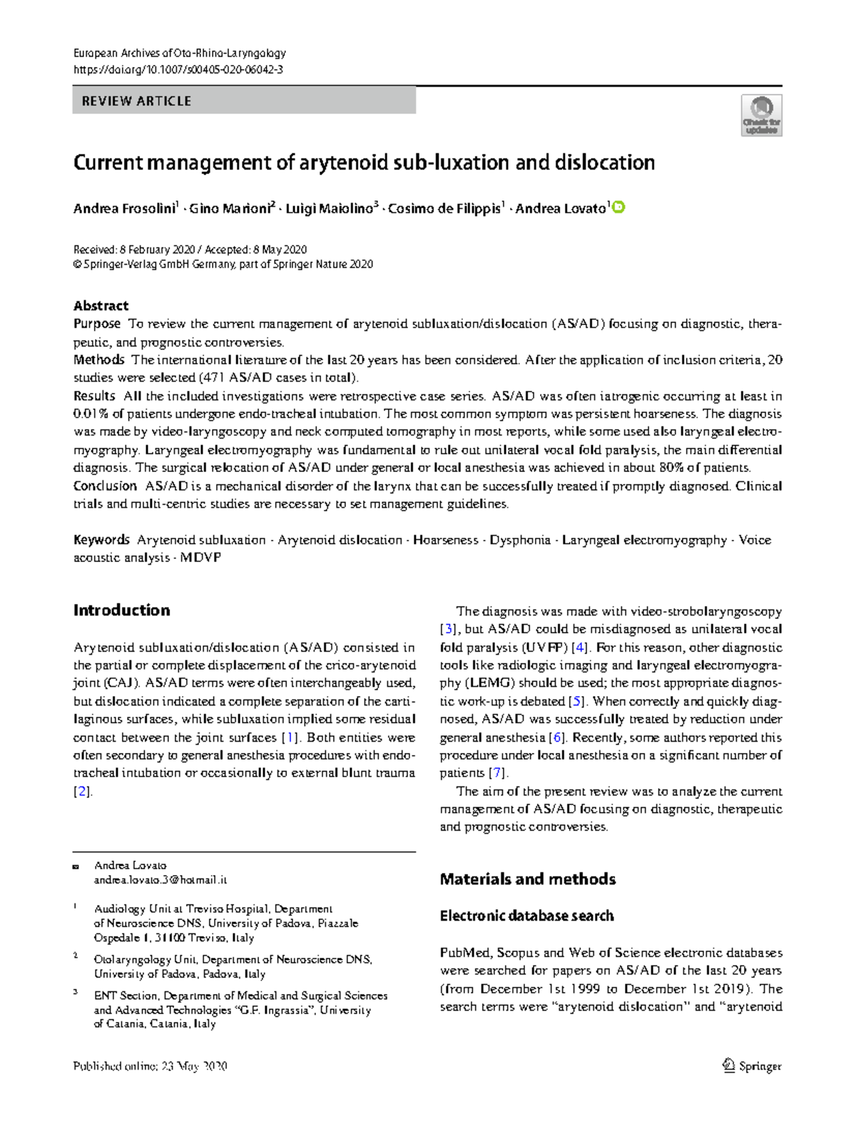 Current Management of Arytenoid Dislocation: A Review (REVIEW ARTICLE ...