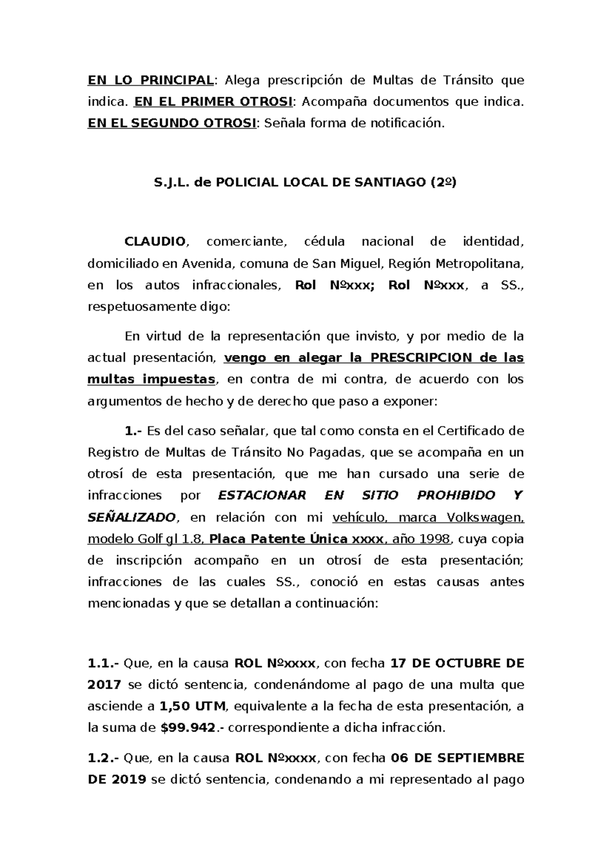 Demanda de Prescripción de Multas de Tránsito - S.J.L. Santiago - Studocu