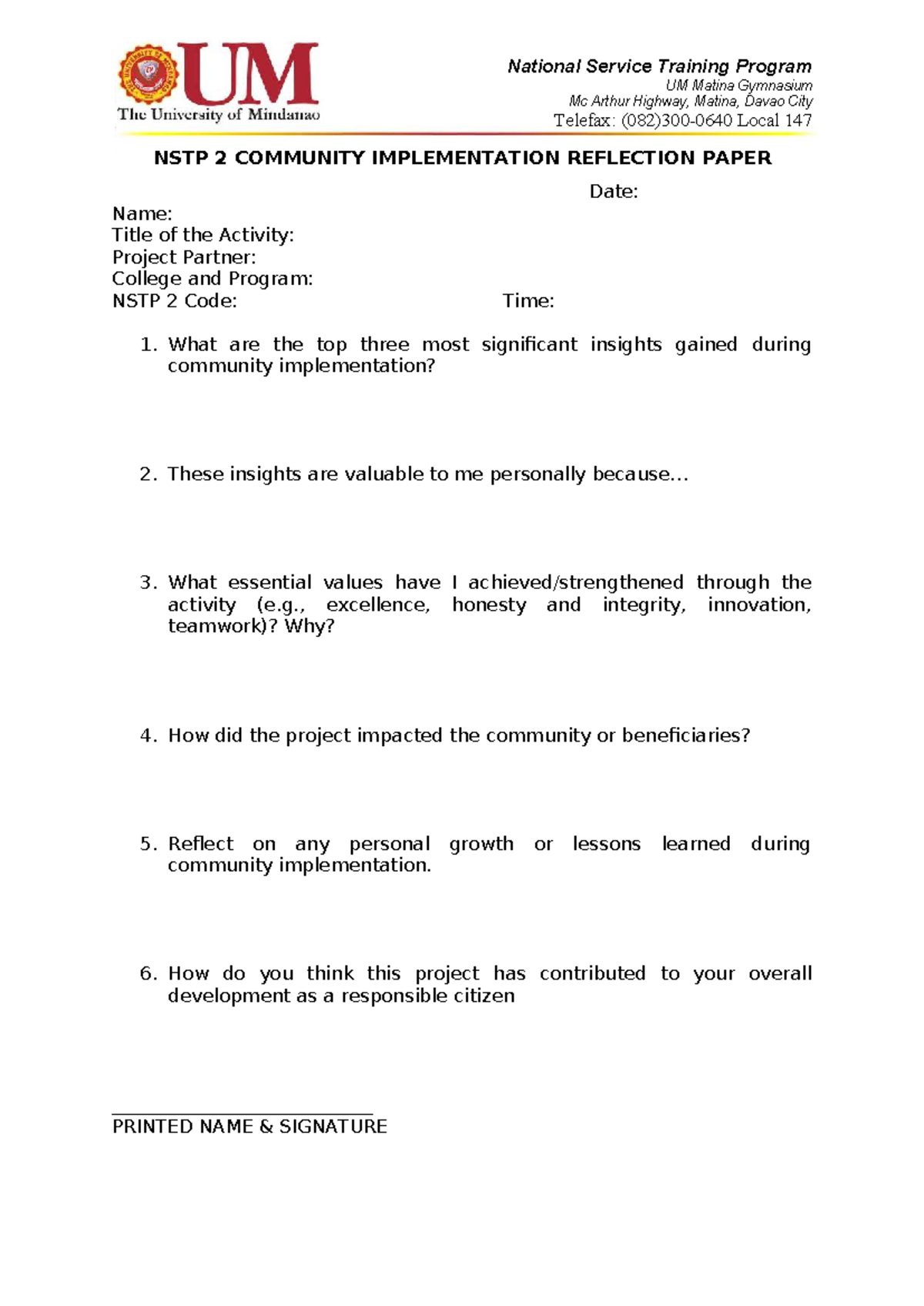 NSTP 2 Community Implementation Reflection Paper Format - Studocu