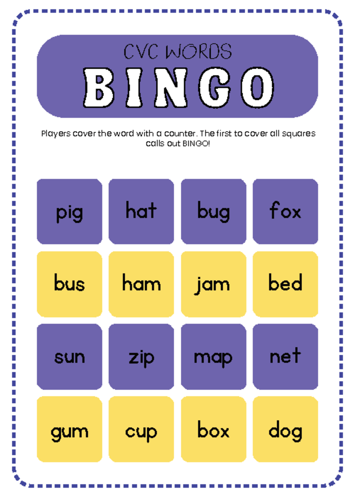 CVC Words English Bingo Card - pig bus gum Players cover the word with ...