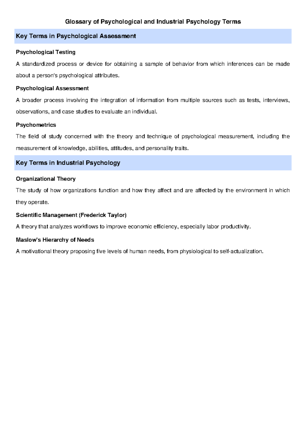 Complete Glossary of Key Terms in Psych & Indus Psych (PSY 101) - Studocu