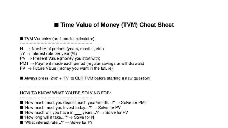 TVM Cheat Sheet: Key Variables & Steps for Financial Calculations - Studocu