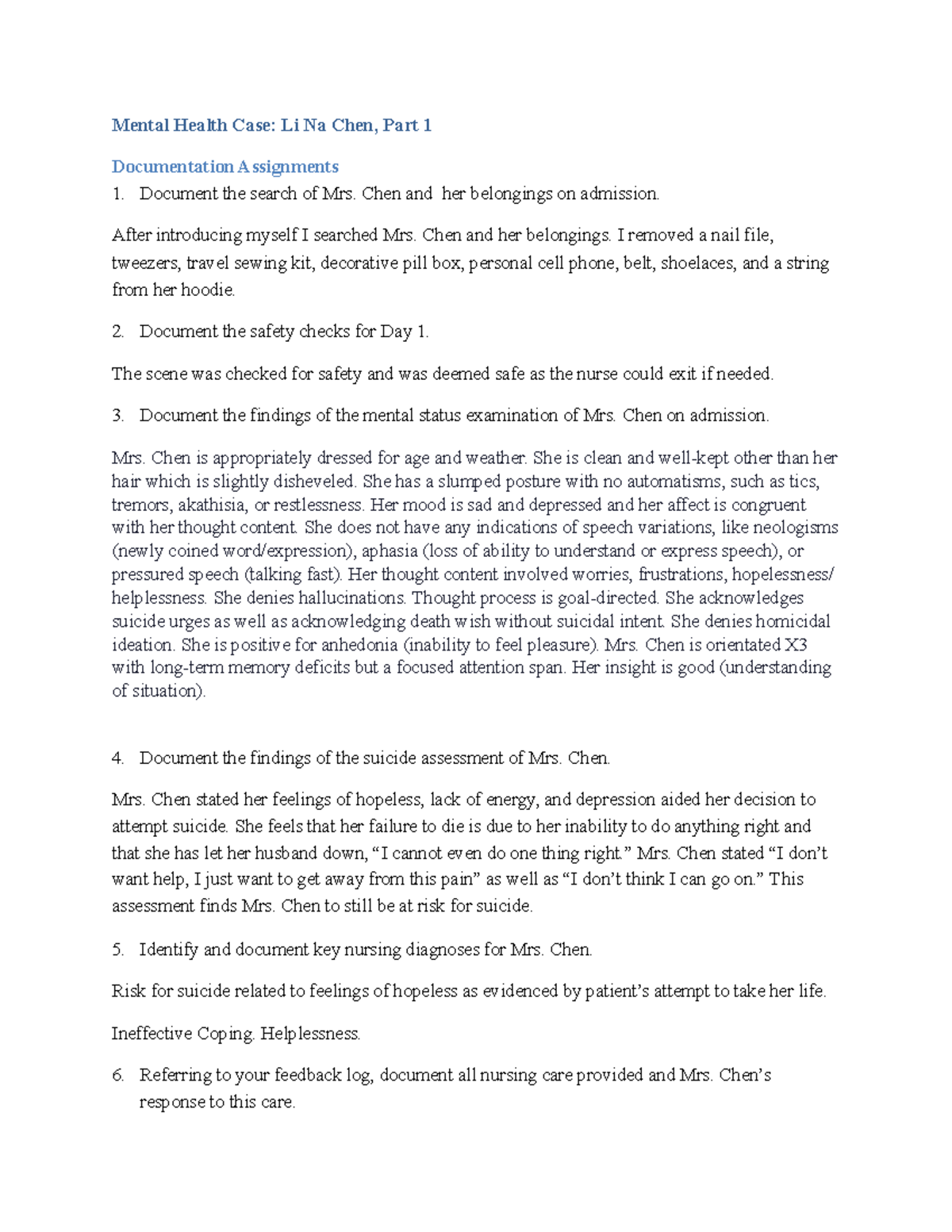 Mental Health Case Study: Li Na Chen - Part 1 Documentation - Studocu