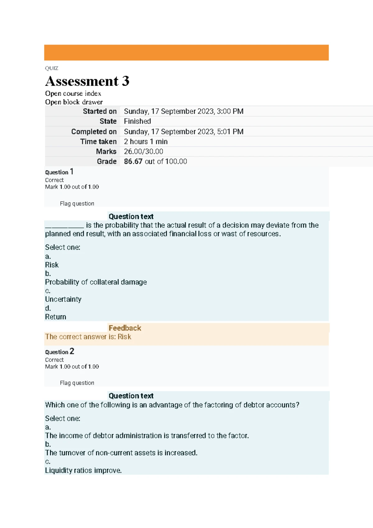 Assignment 5 MNB1601 - QUIZ Assessment 5 Open course index Started on Wednesday, 20 September ...