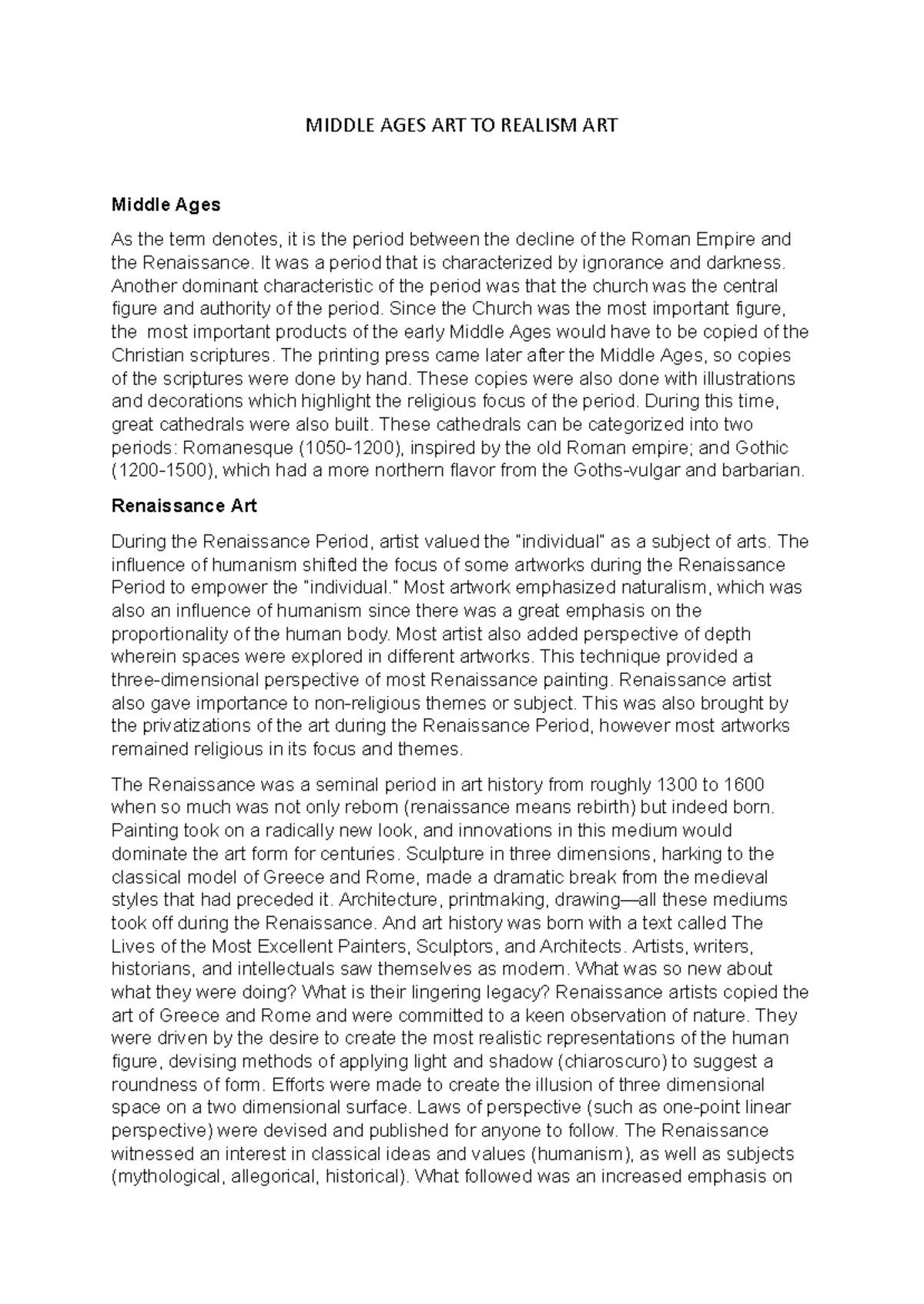 Middle Ages to Realism Art: Key Characteristics & Evolution - Studocu