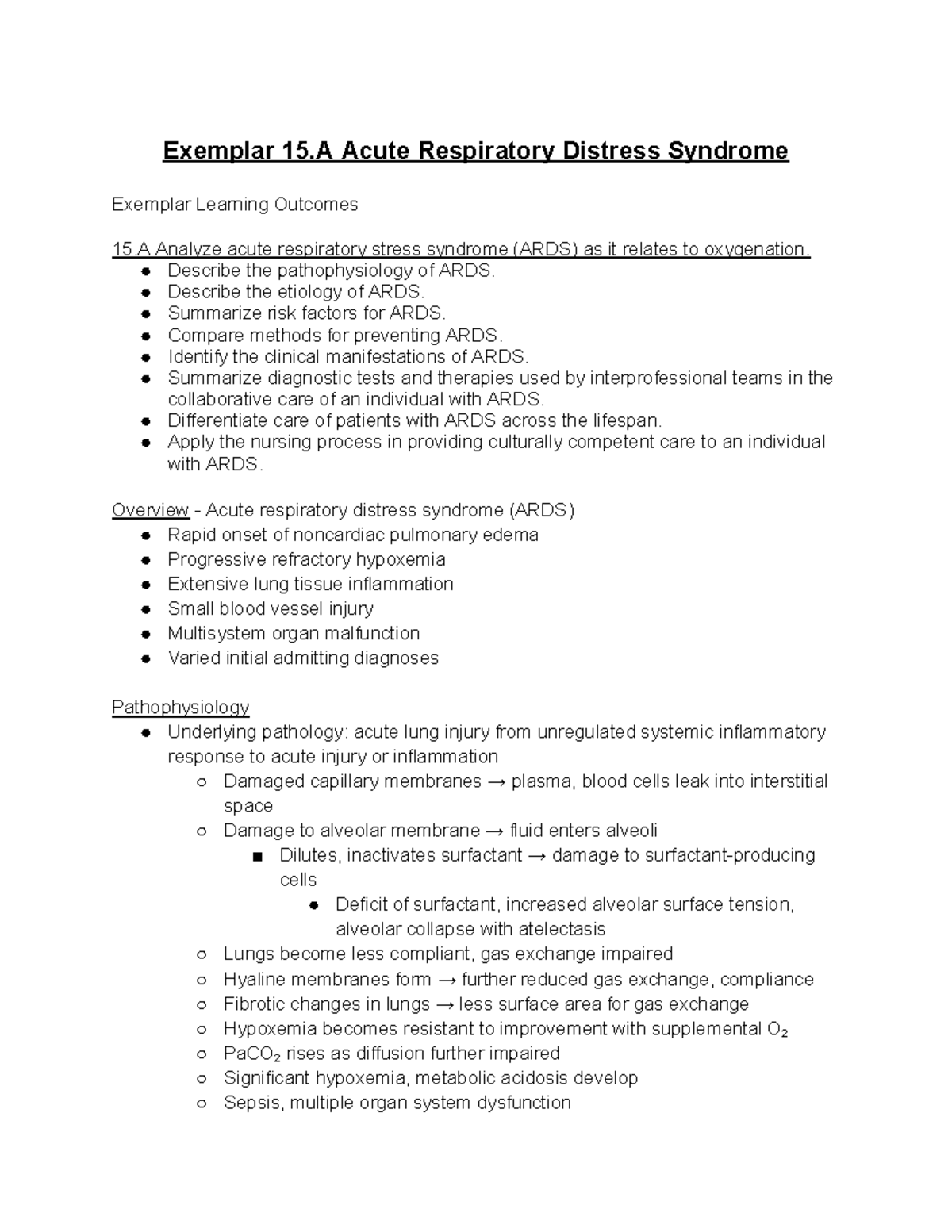 ARDS - Acute Respiratory Distress Syndrome Lecture Notes - Studocu