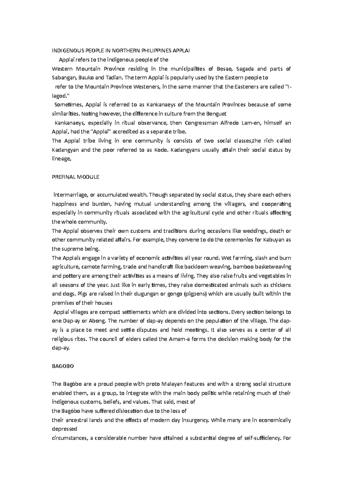 APPLAI- A Study of Indigenous People in the Northern Philippines - Studocu