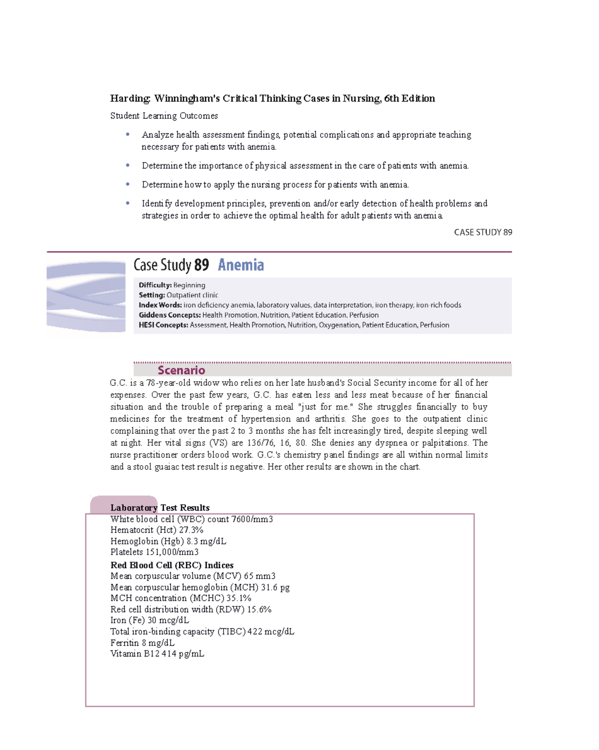 Anemia Case Study - Nursing 101: Understanding Iron Deficiency - Studocu