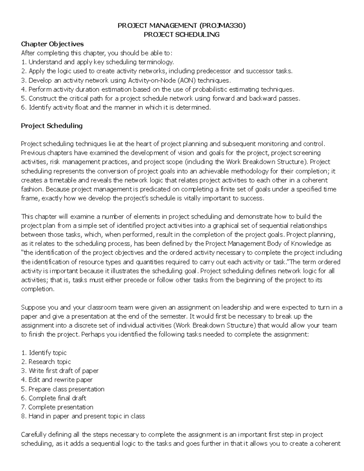 PROJECT MANAGEMENT (PROJMA330) PROJECT SCHEDULING Complete Notes - Studocu
