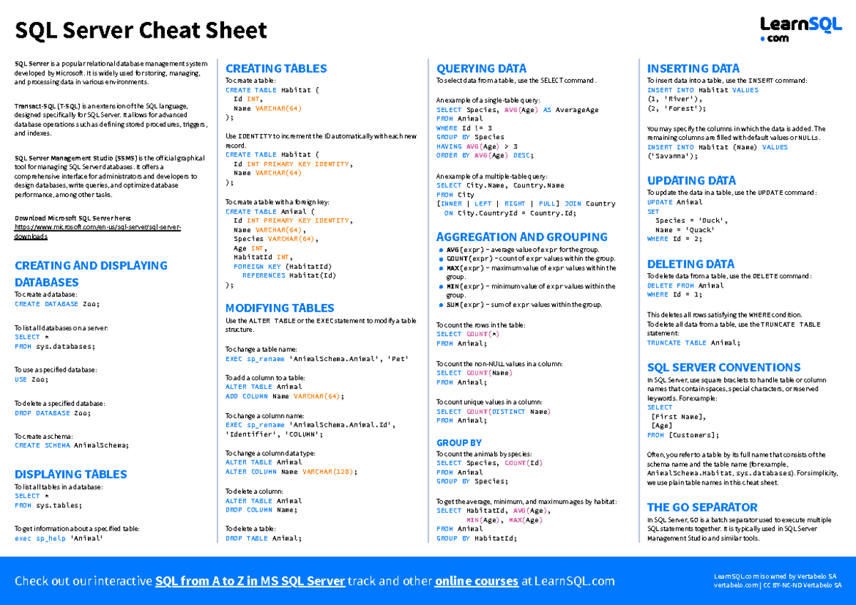 SQL Server Cheat Sheet: Essential Commands & Functions - Studocu