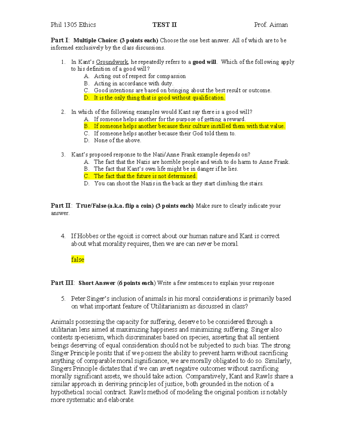 Phil 1305 Ethics TEST II: Multiple Choice & Short Answer Review - Studocu