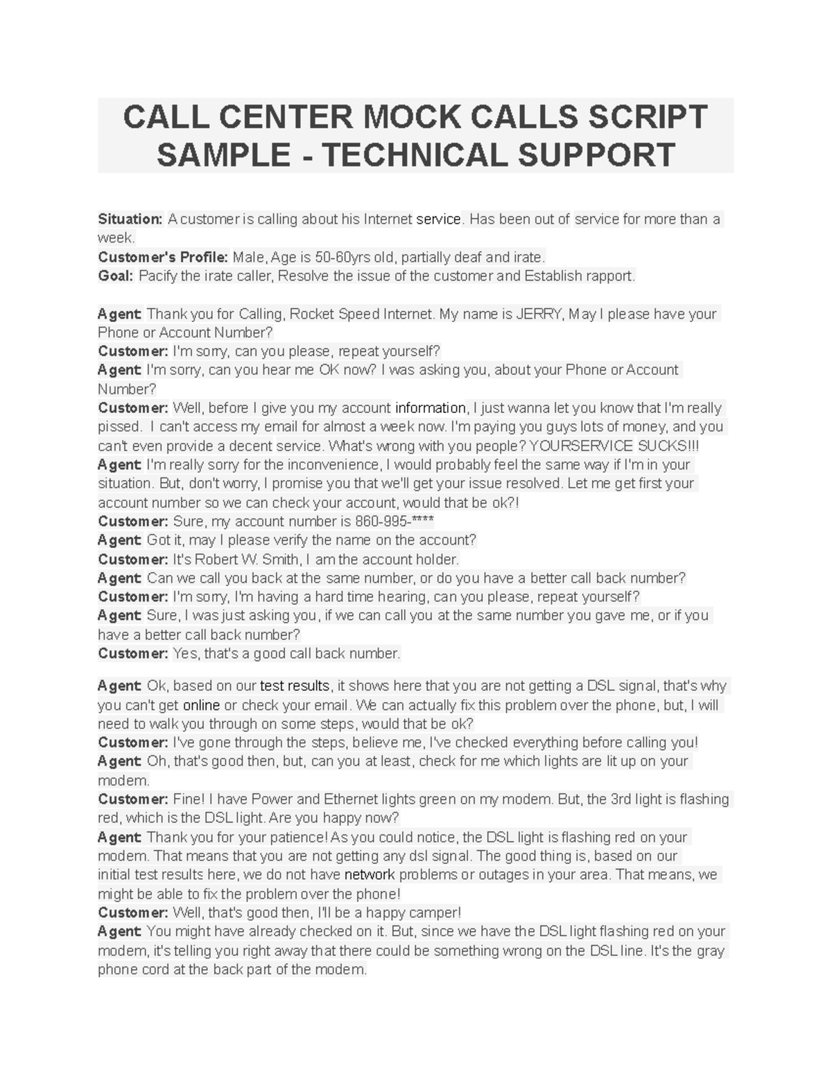 CALL Center MOCK Calls Script Sample TEC - CALL CENTER MOCK CALLS ...
