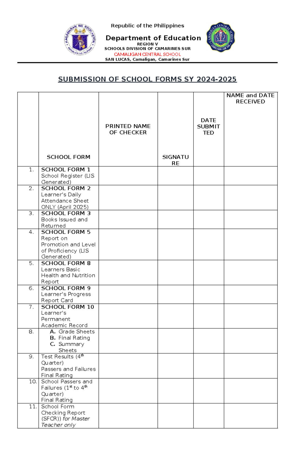 Checklist of School Forms for SY 2024-2025 Submission - Studocu