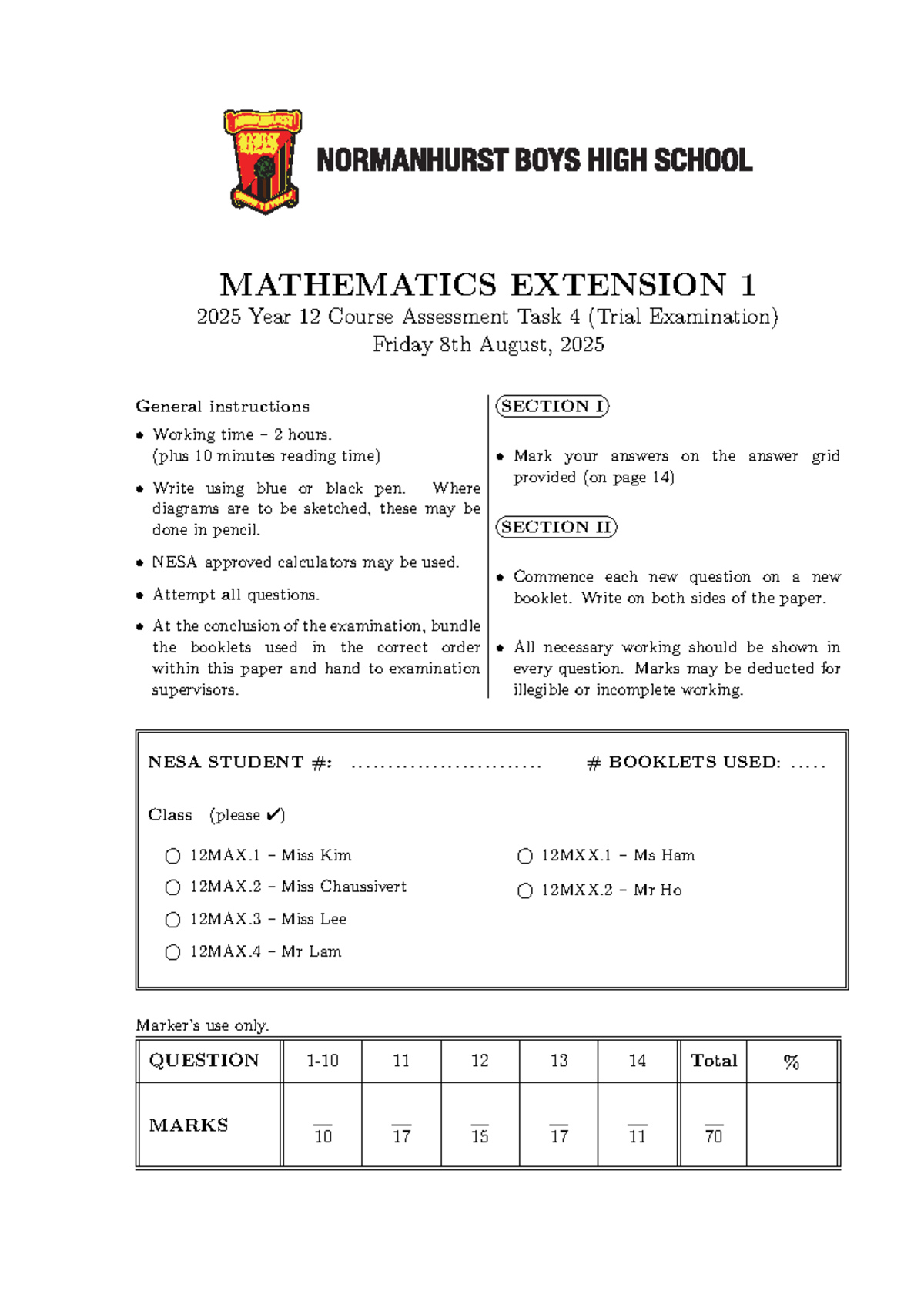2025 Mathematics Extension 1 Year 12 Trial Exam & Solutions - Studocu