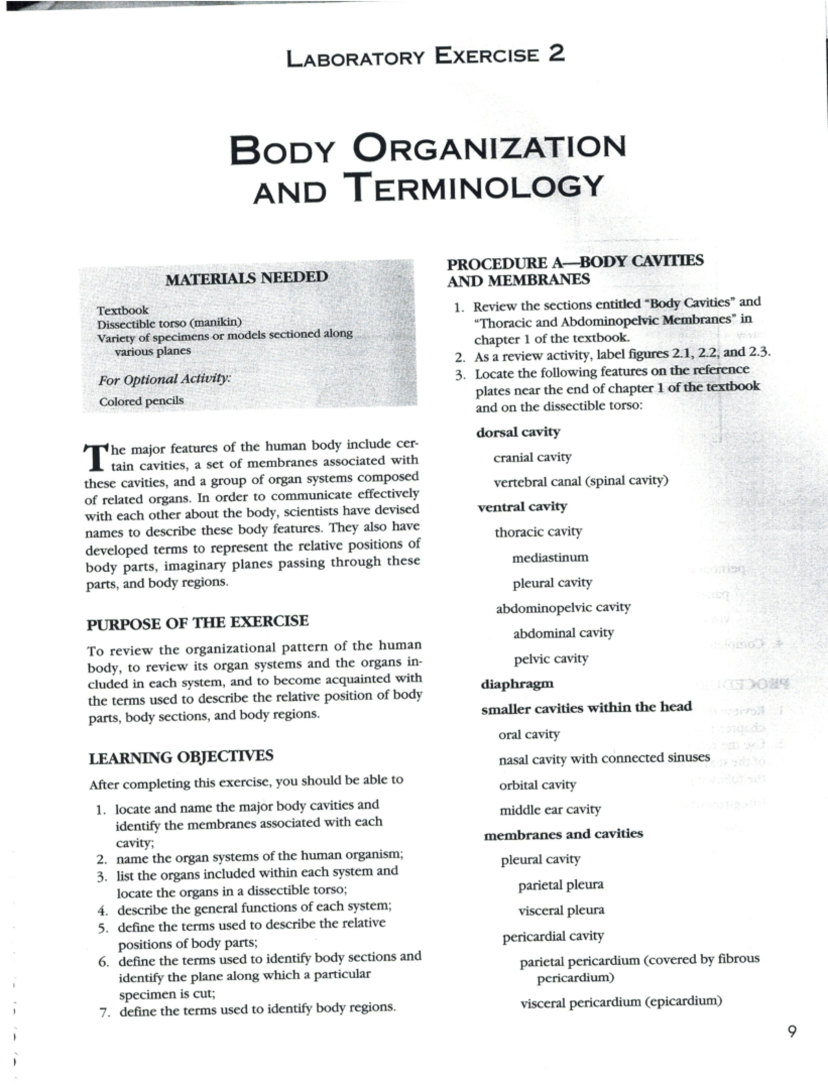 Body Organization & Terminology Lab Exercise 2: Cavities & Membranes ...