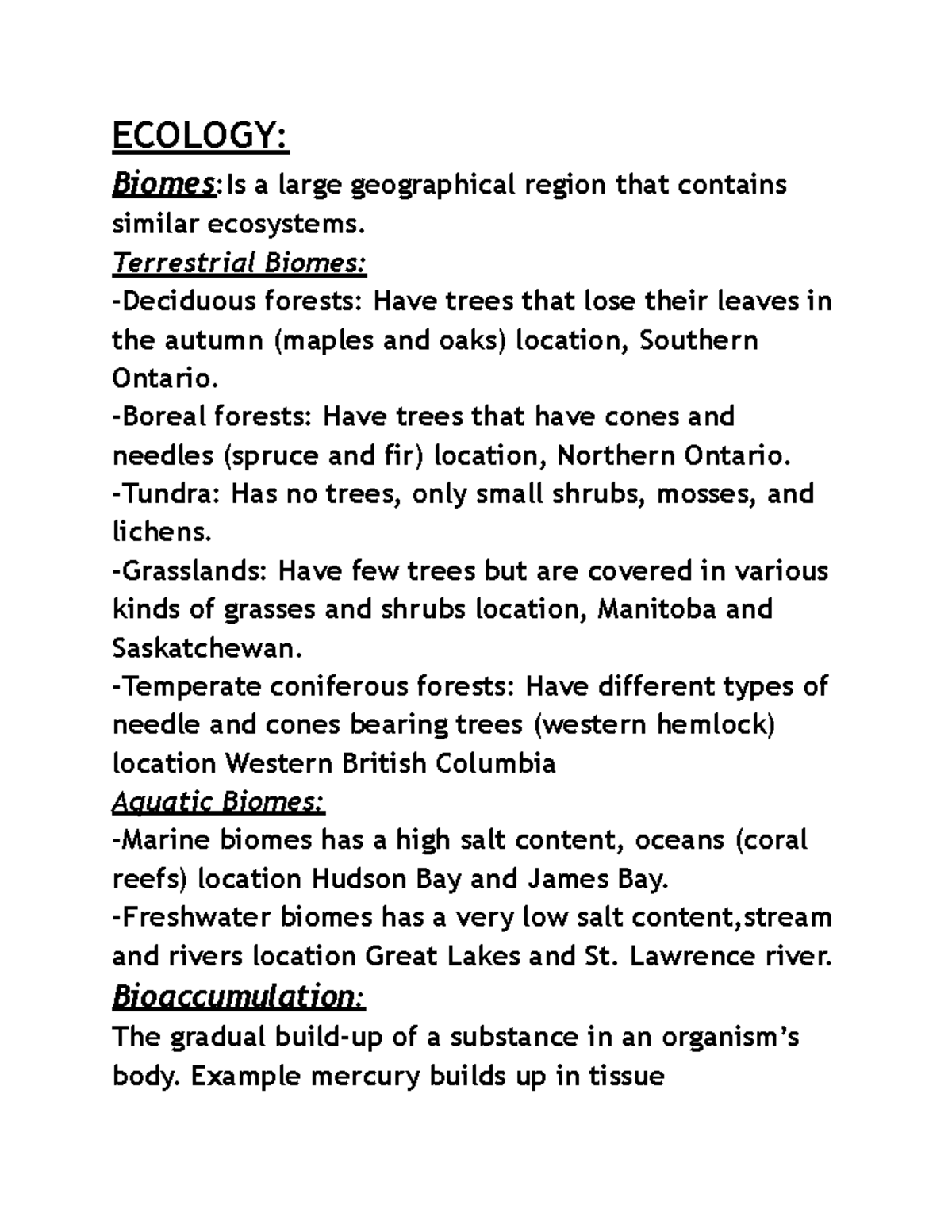 ECOLOGY: Overview of Biomes, Cycles, and Species Interactions - Studocu