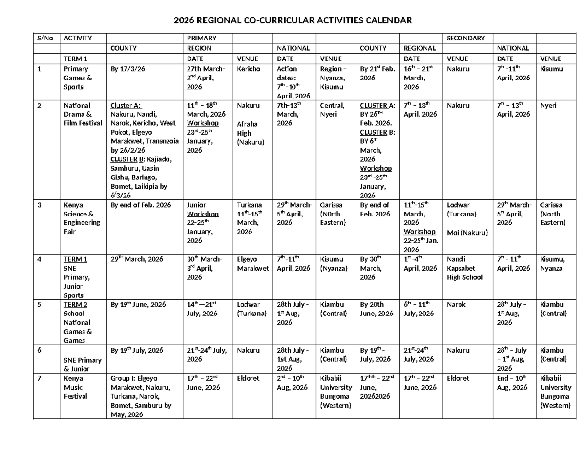 2026 Co-Curricular Activities Calendar for Primary & Secondary - Studocu