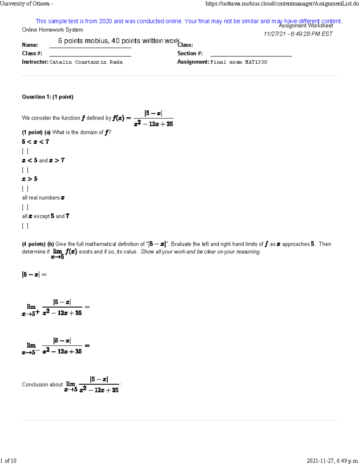 MAT1330 Final Exam Sample - University of Ottawa 2020 - Studocu
