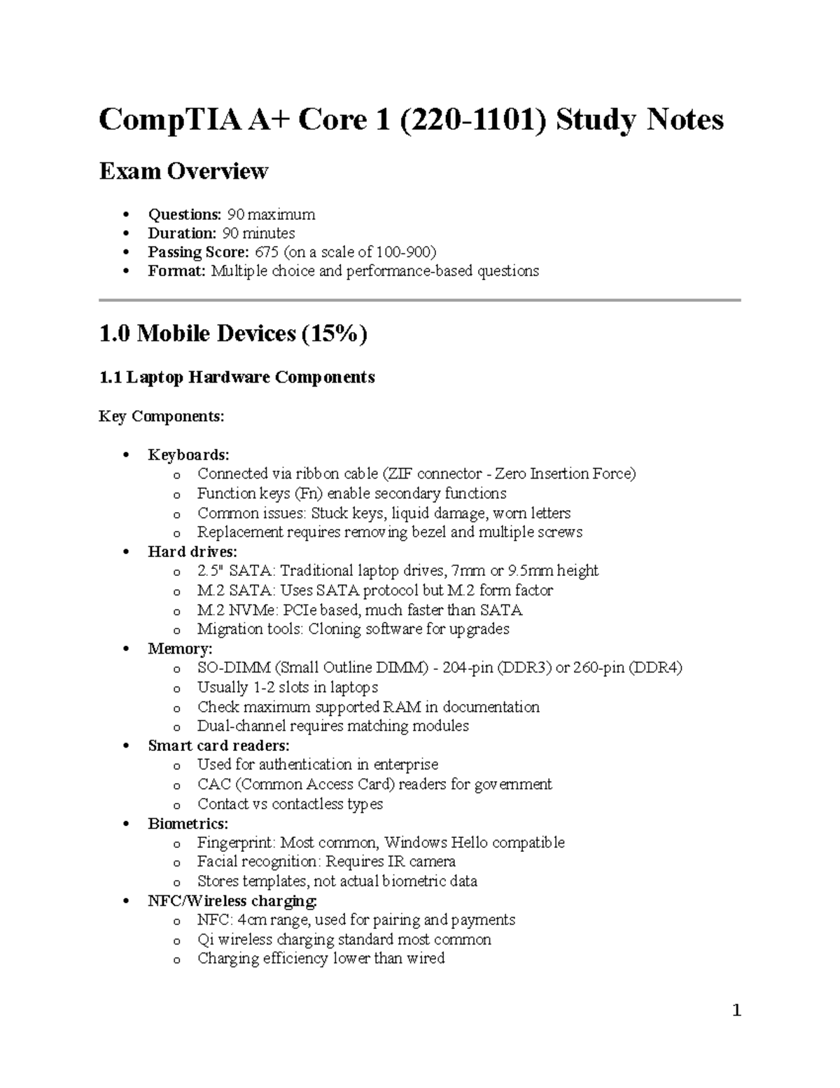 CompTIA A+ Core 1 Study Notes: Key Concepts and Exam Tips - Studocu