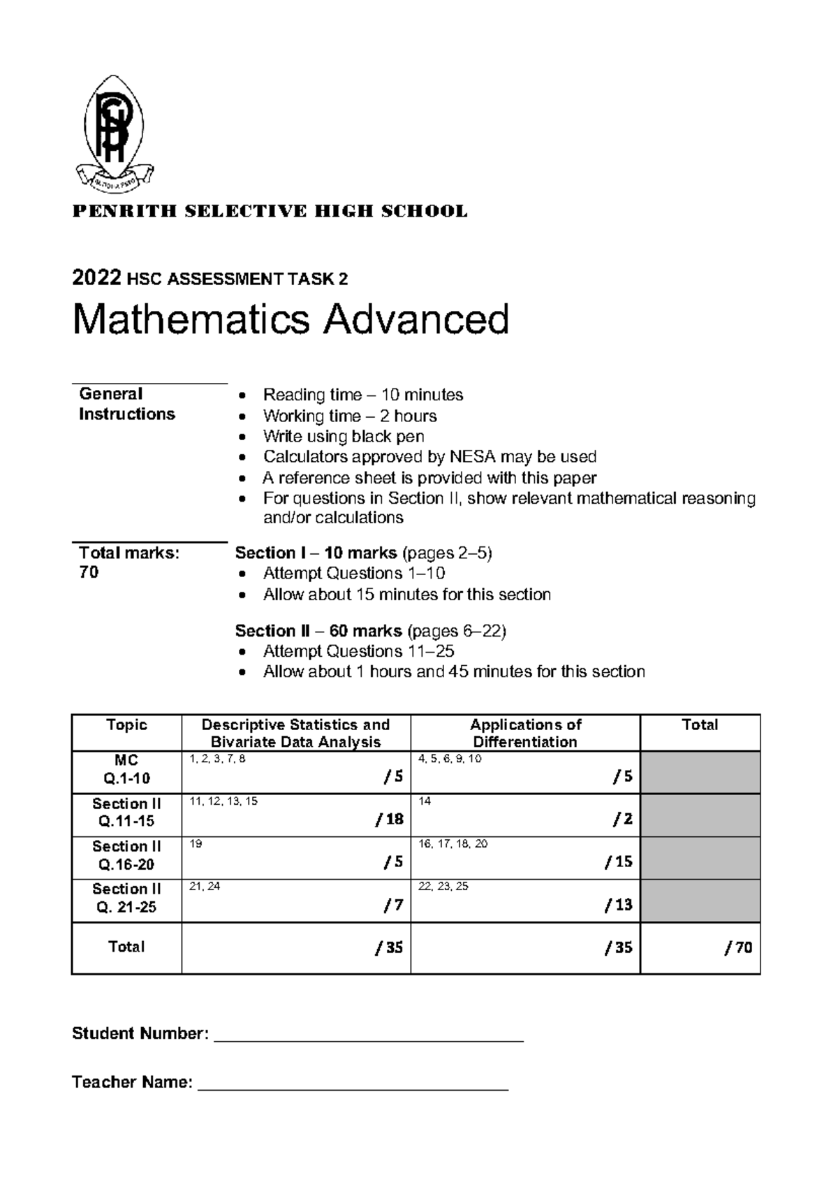 2022 HSC Mathematics Advanced Task 2: Statistics & Differentiation ...