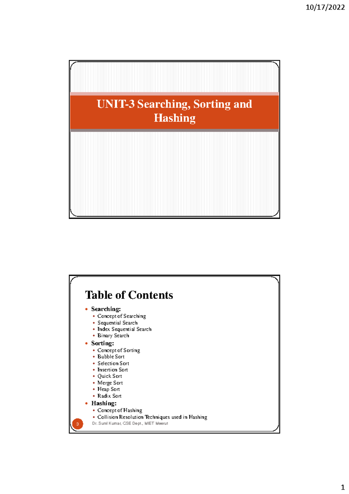 CSE 101: Searching, Sorting, and Hashing Techniques Overview - Studocu