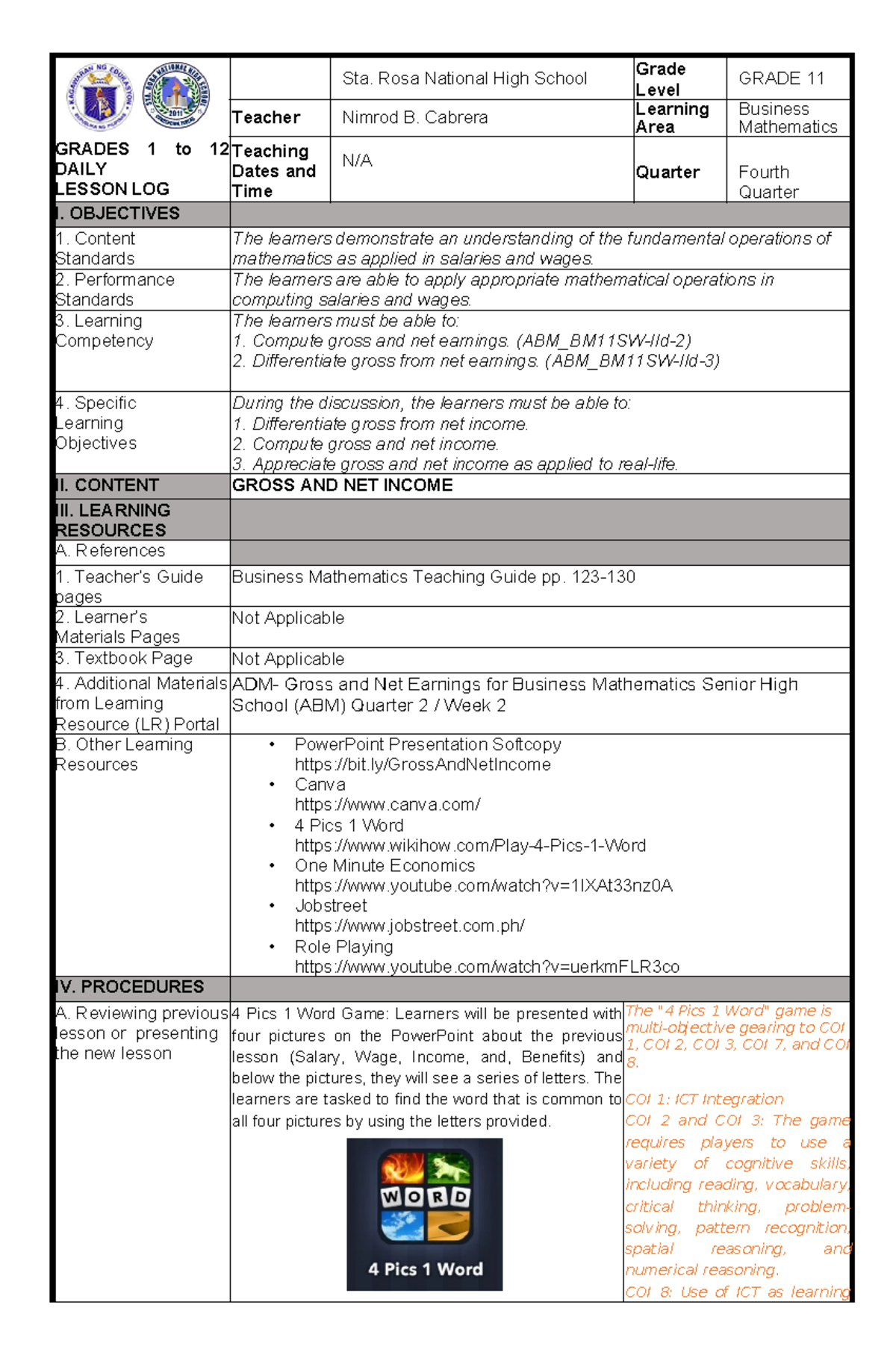 DLP COT GRADE 11 Business Math: Gross and Net Income Lesson Plan - Studocu
