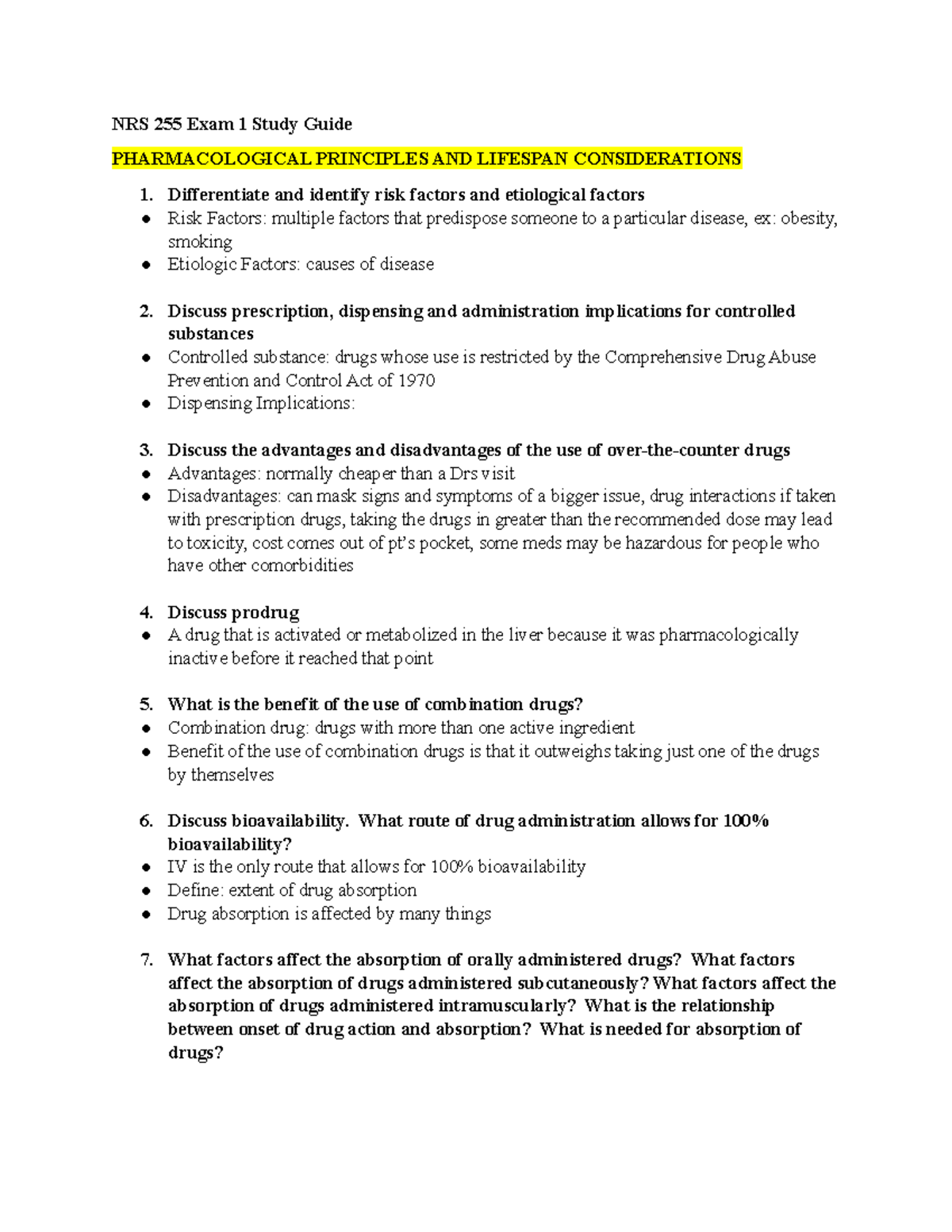 NRS 255 Exam 1 Comprehensive Study Guide on Pharmacological Concepts ...