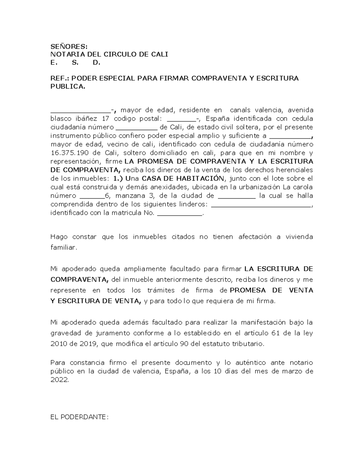 Poder Especial para Firma de Compraventa - Notaría Cali - Studocu