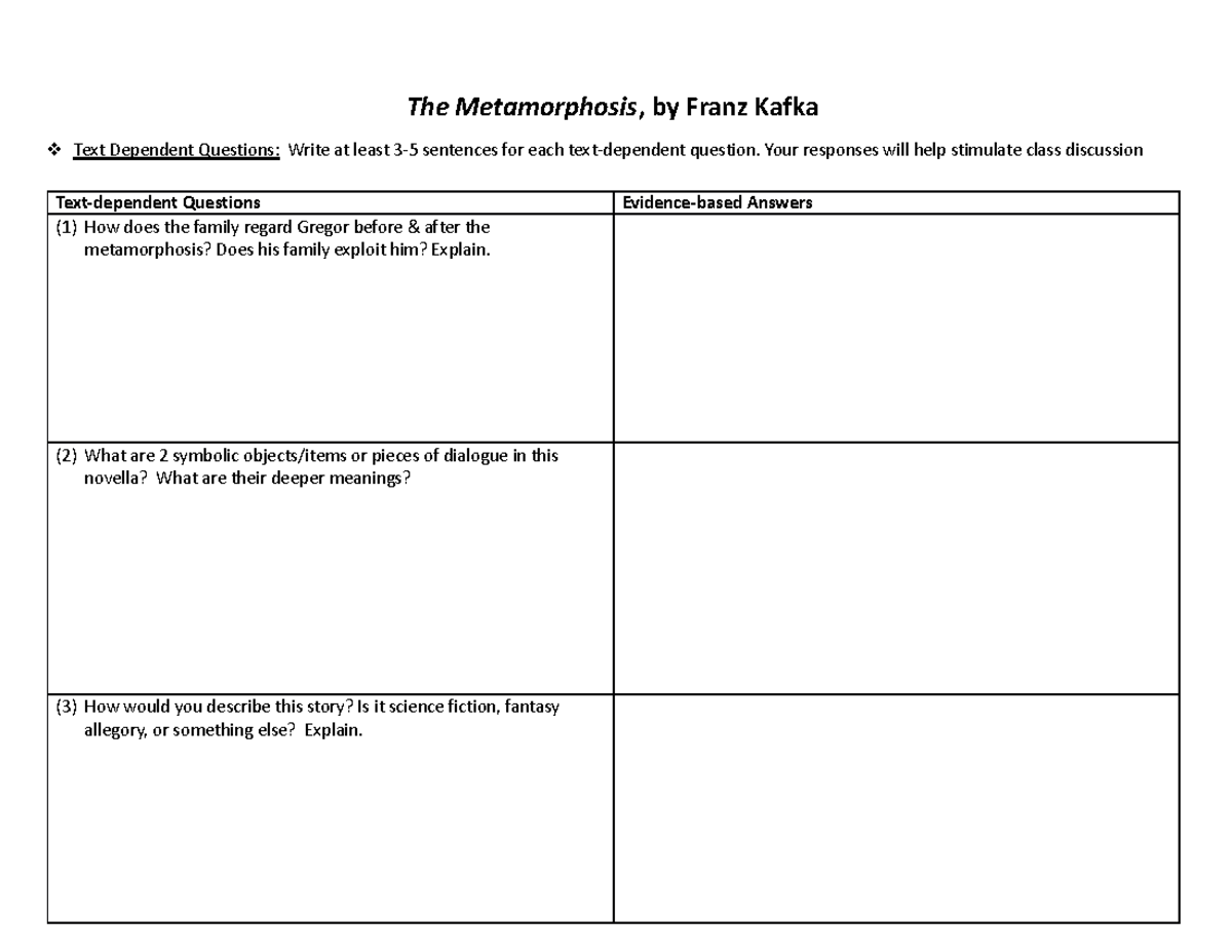 Metamorphosis Analysis Guide: Text-Dependent Questions & Insights - Studocu