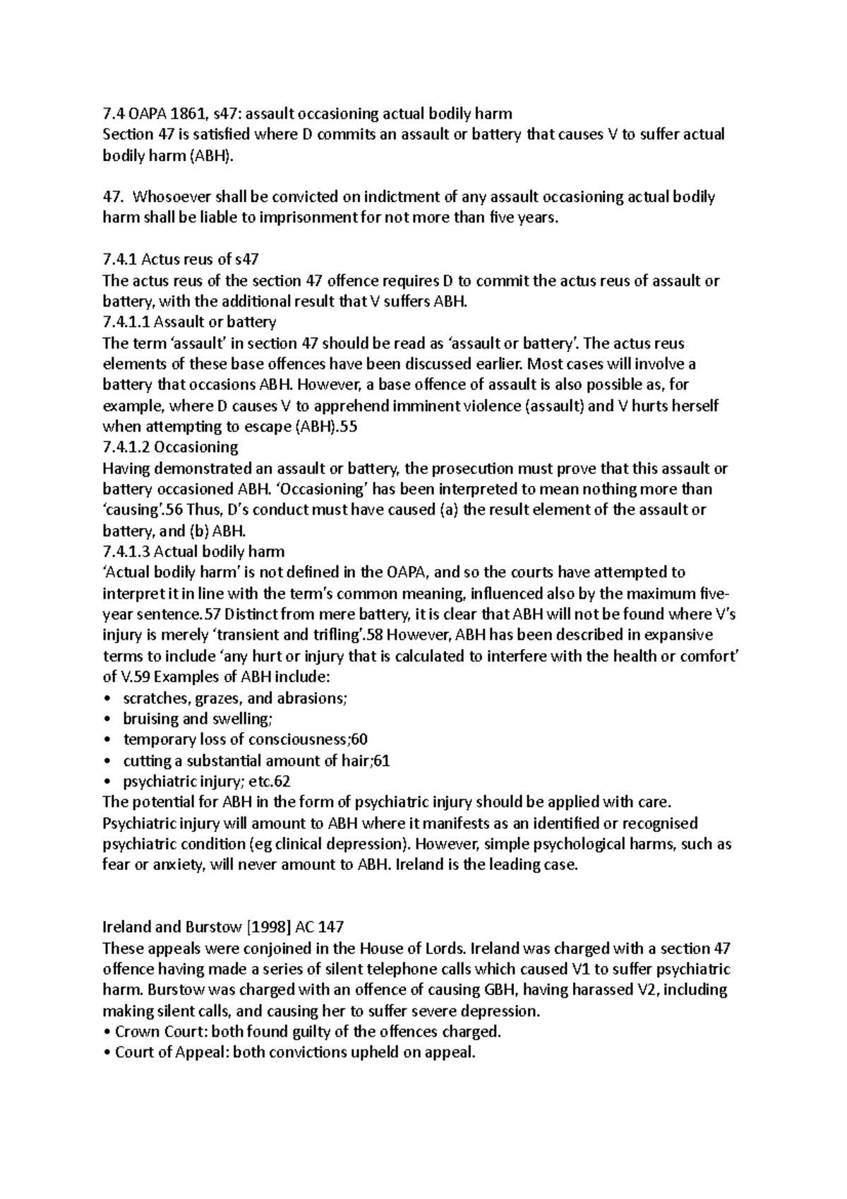 OAPA 1861 S.47 - Lecture Notes on Assault & Actual Bodily Harm - Studocu
