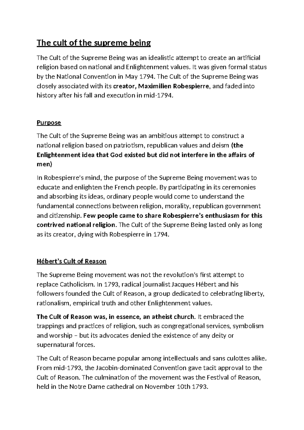 The Cult of the Supreme Being: An Analysis of Robespierre's National ...