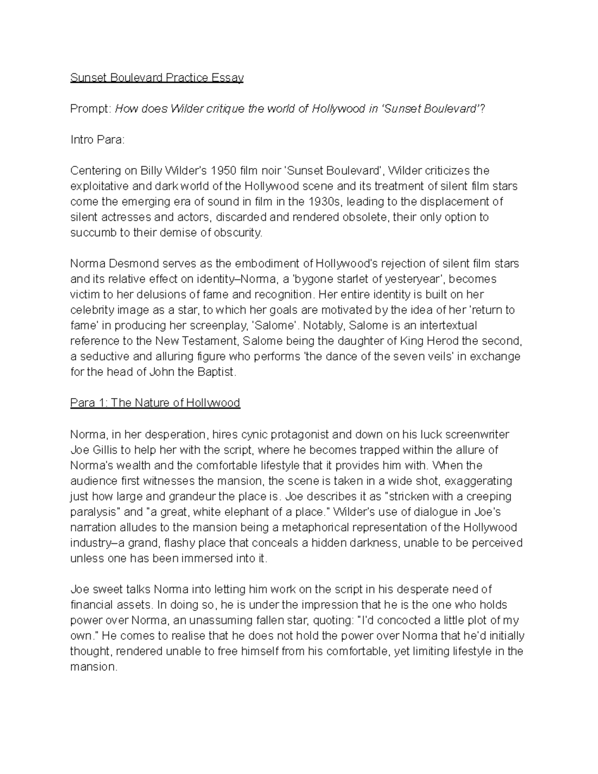 Sunset Boulevard (Film Noir) Practice Essay: Wilder's Hollywood ...