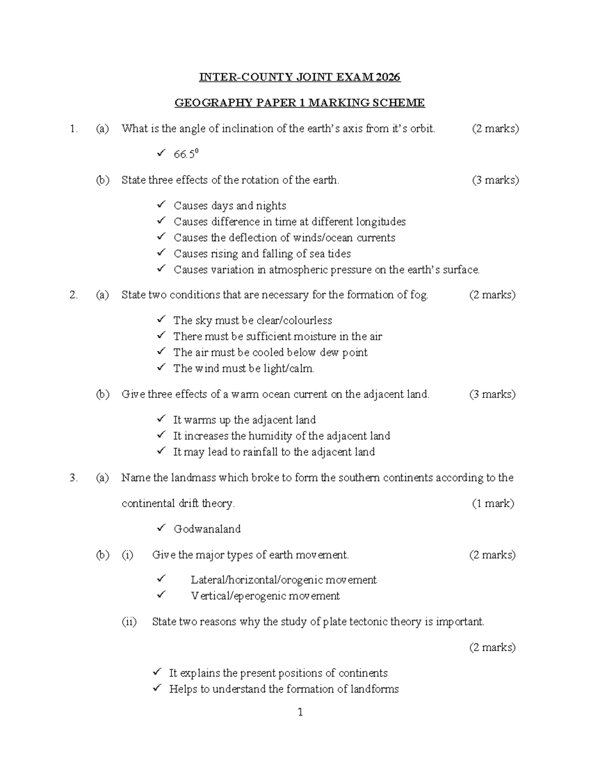 Intercounty Geography PP1 Joint Exam 2026 Marking Scheme - Studocu